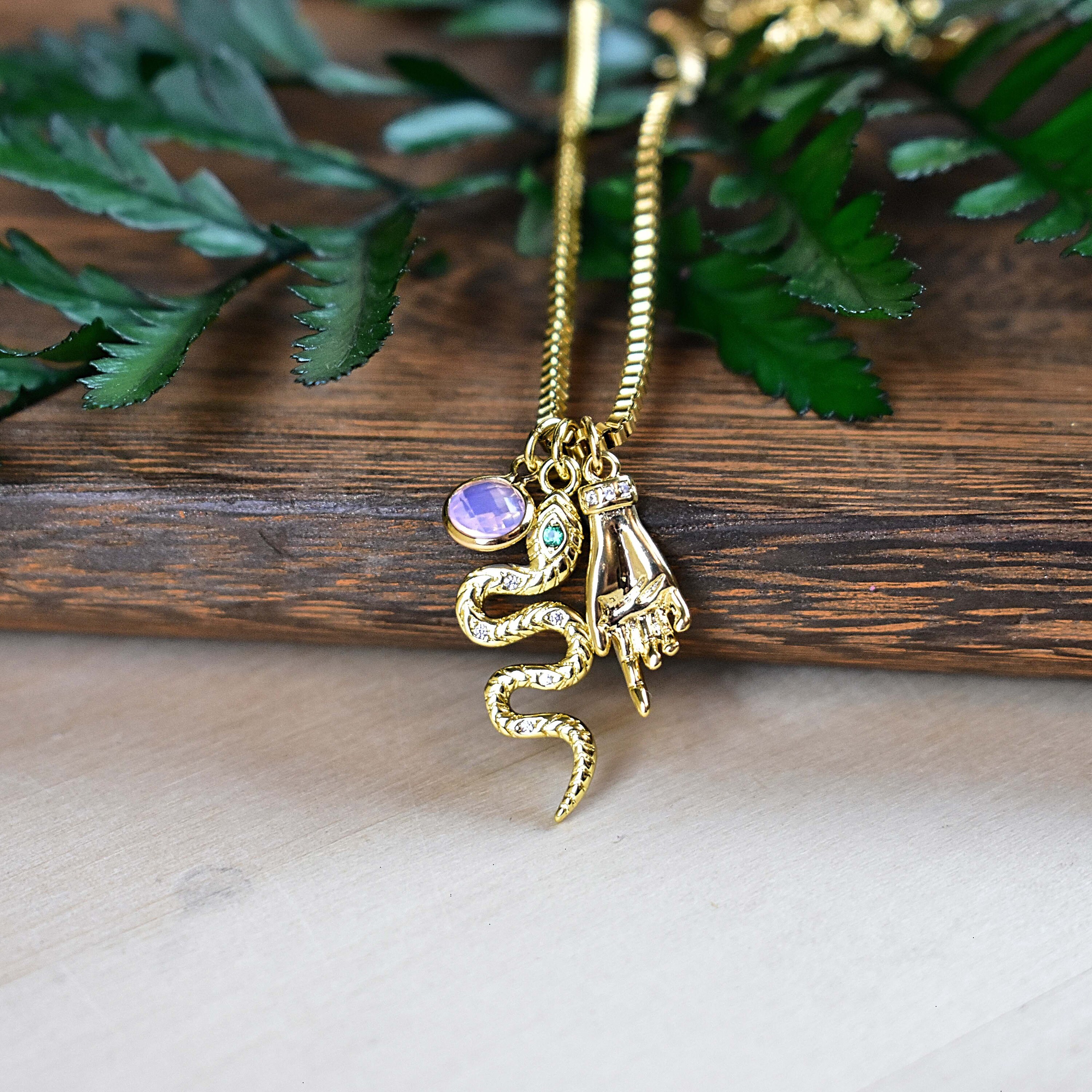 Crystal Snake Charm Necklace: Gold Hand Pendant, Cube Chain - Etsy
