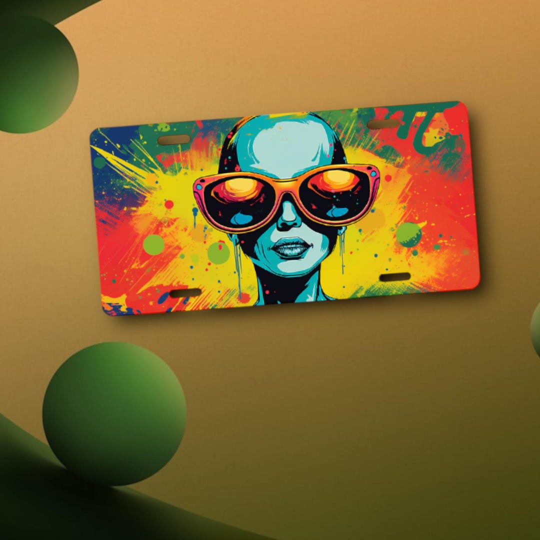 Alien License Plate - Chic Blue Girl in Sunglasses - Neon Pop Art Bar ...