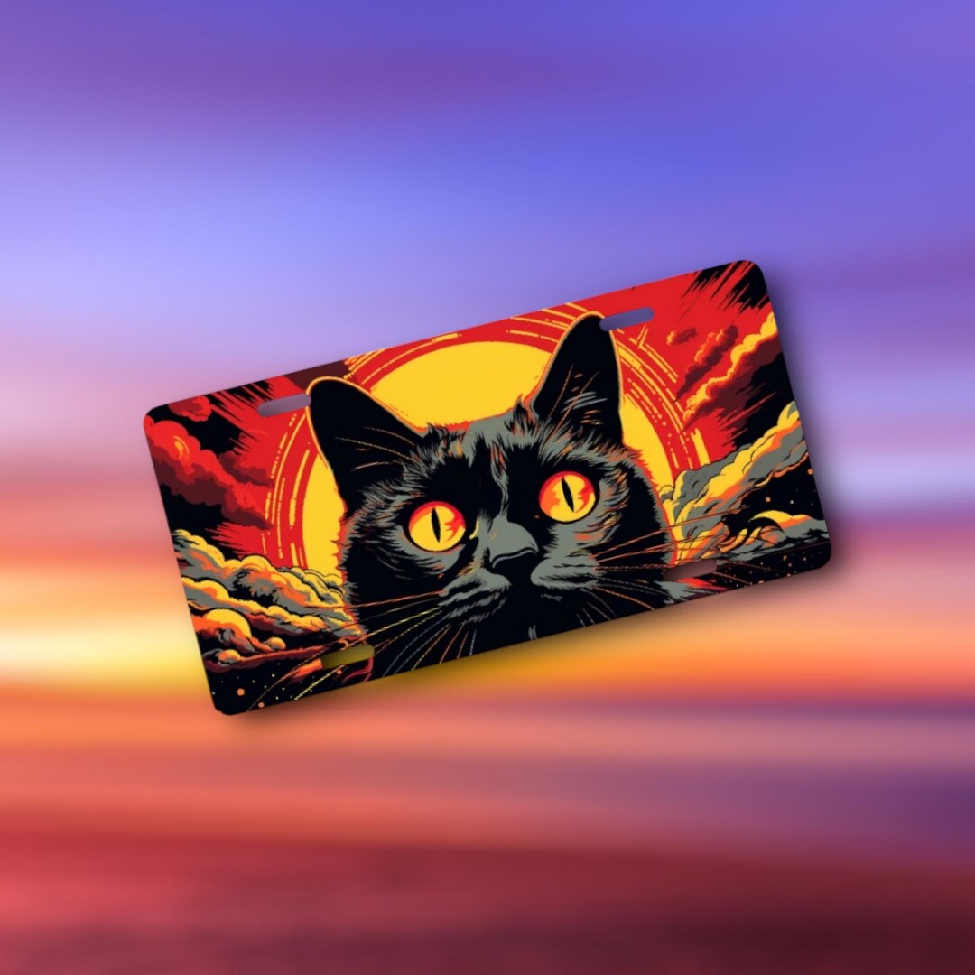 Black Cat License Plate - Vibrant Sunset Pop Art Watercolor -halloween ...