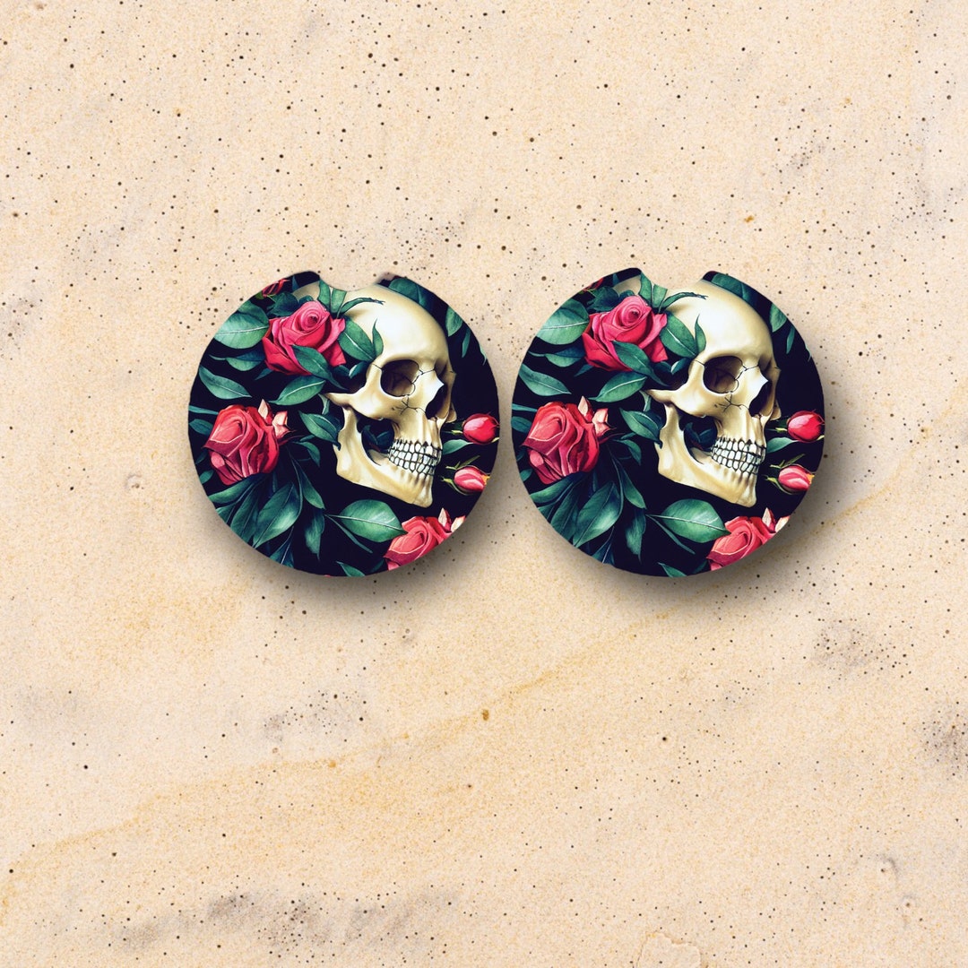 Gothic Floral Car Coasters Sublimated Neoprene Skull With Pink Roses ...