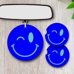 Blue Winking Smiley Face Emoji Car Accessories 3pc Gift Set - Retro ...