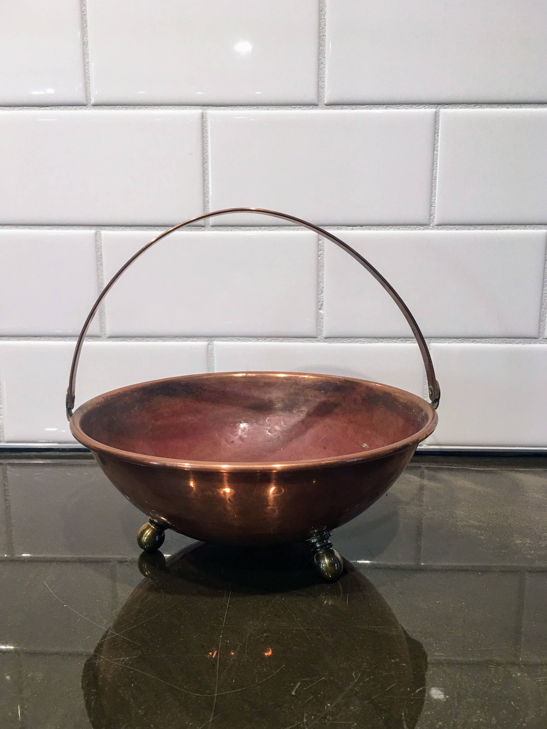 Hammered Copper Bowl With Handle and Brass Feet - Etsy