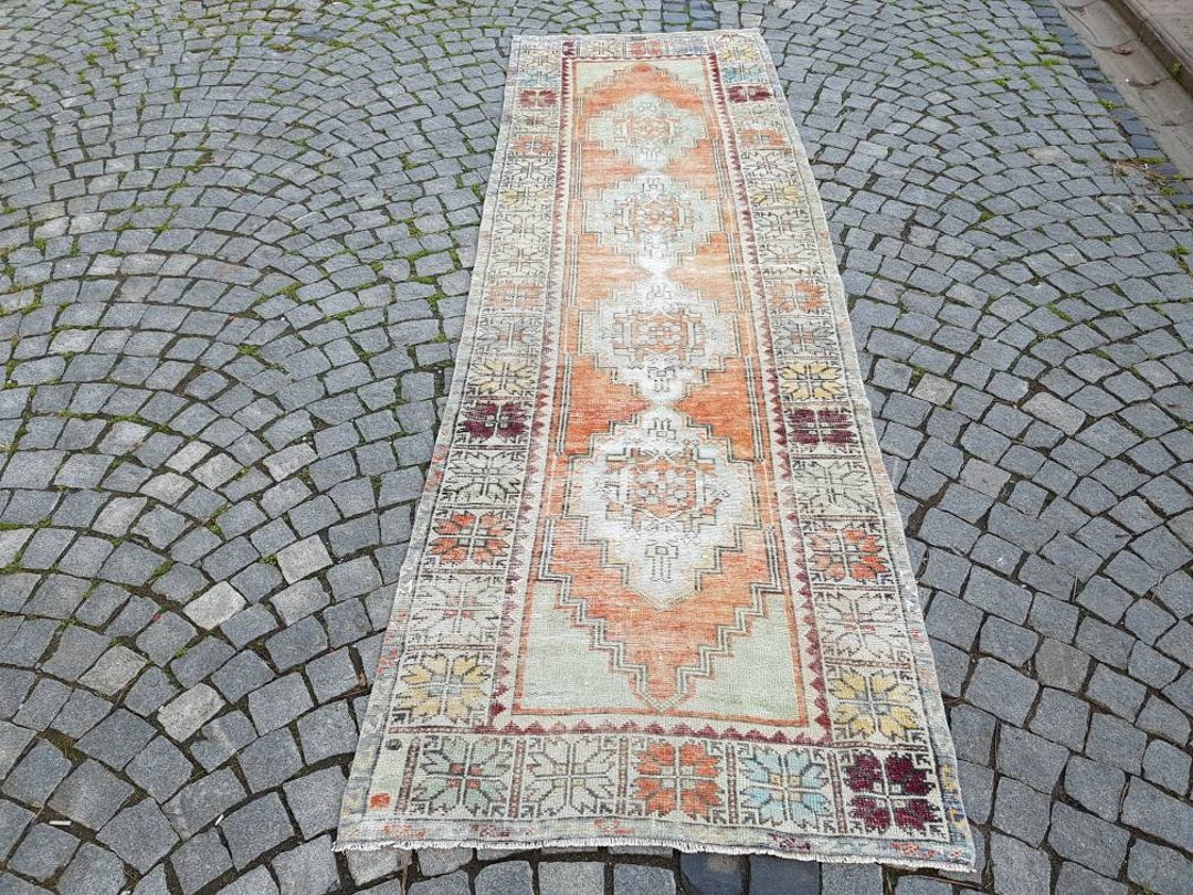 Orange Distressed Oushak Runner Rug 3.2x10 Ft Anatolian Turkish Runner ...
