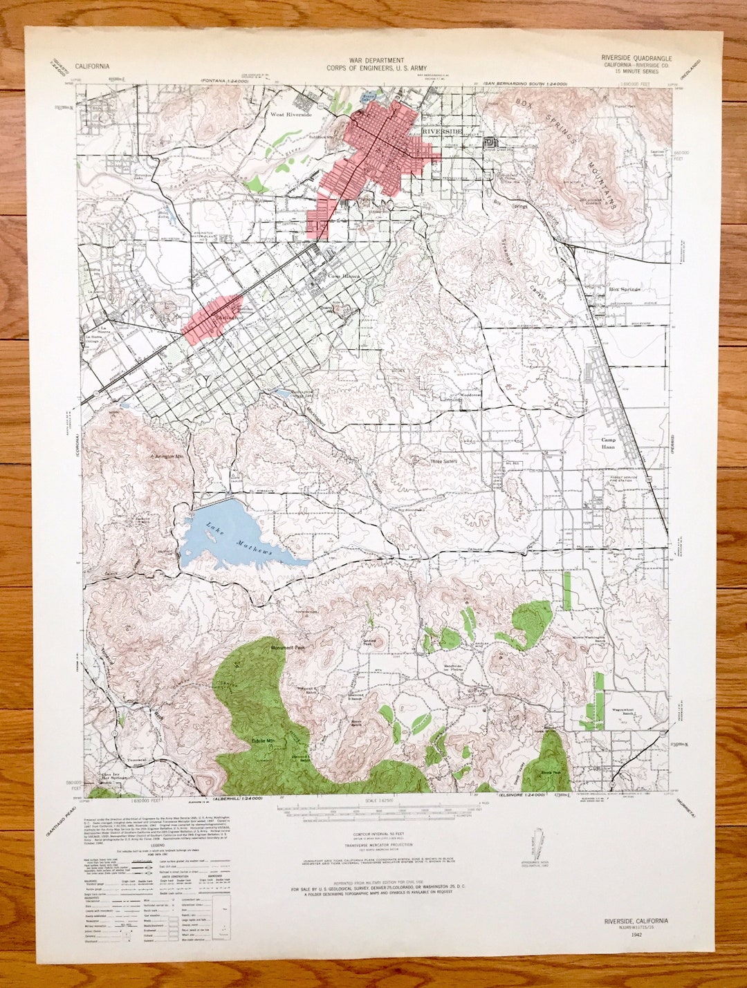 Antique Riverside, California 1942 US Geological Survey Topographic Map ...