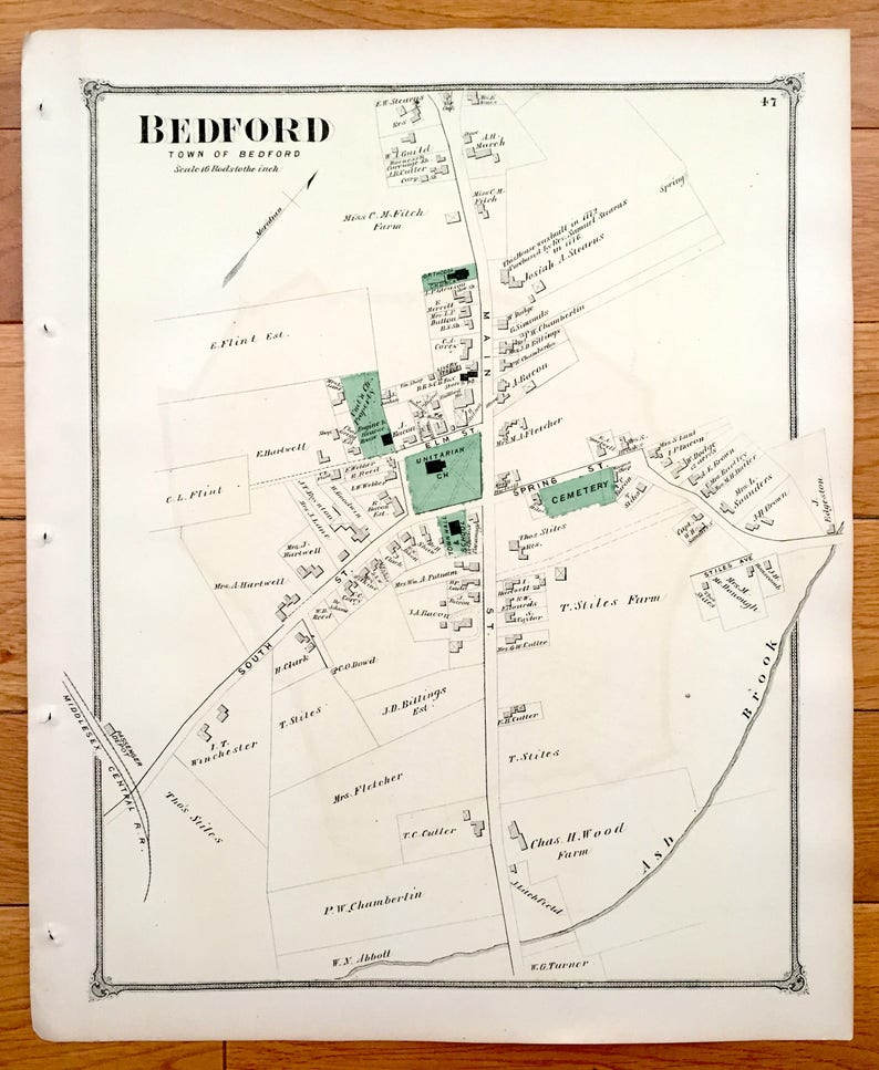 Antique 1875 Bedford Massachusetts Map From J.B. Beers Atlas | Etsy