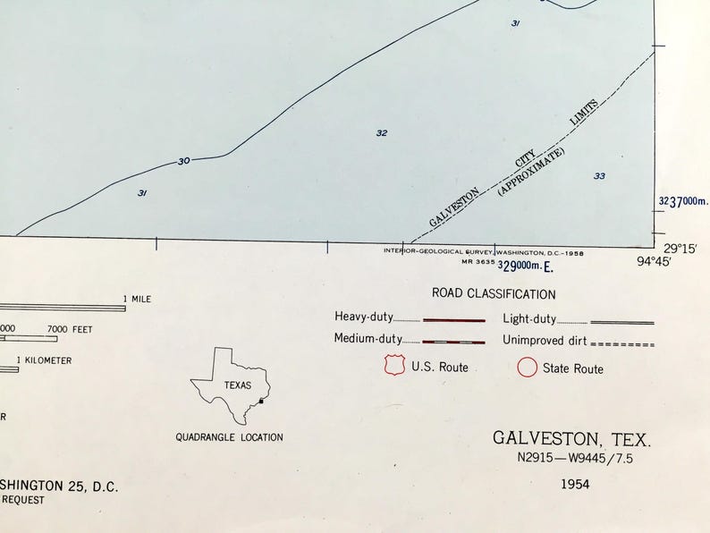 Antique Galveston, Texas 1954 US Geological Survey Topographic Map ...