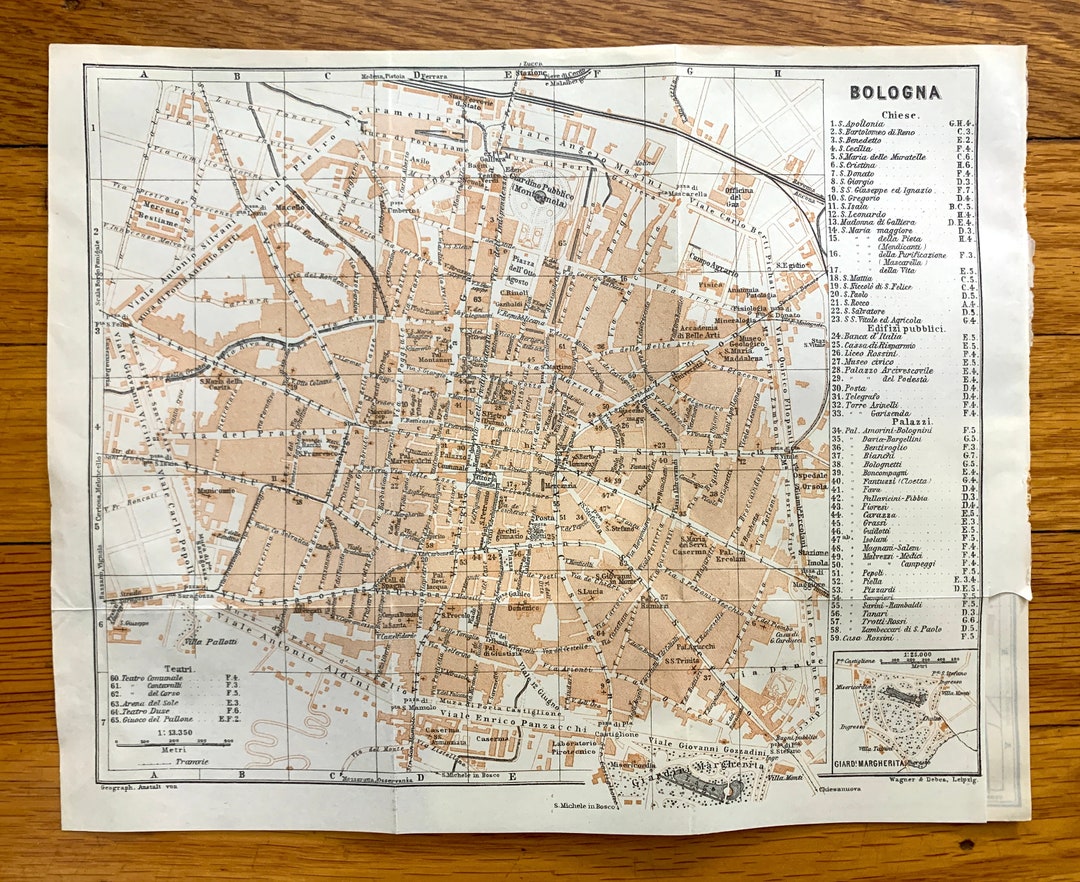 Antique 1913 Bologna, Italy Map From Baedekers Guide – Piazza Maggiore ...