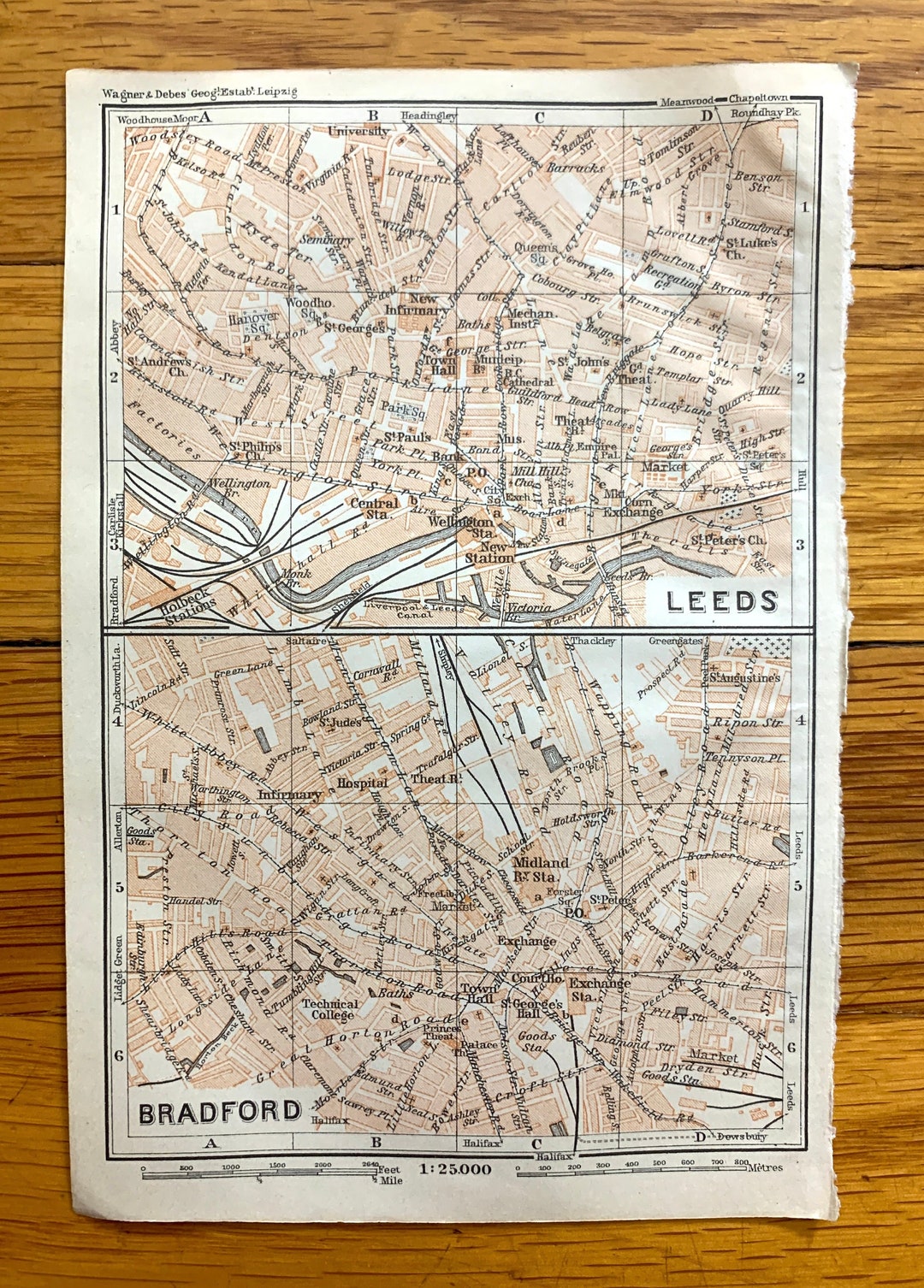 Antique 1906 Leeds & Bradford, England Map From Baedekers Atlas of ...