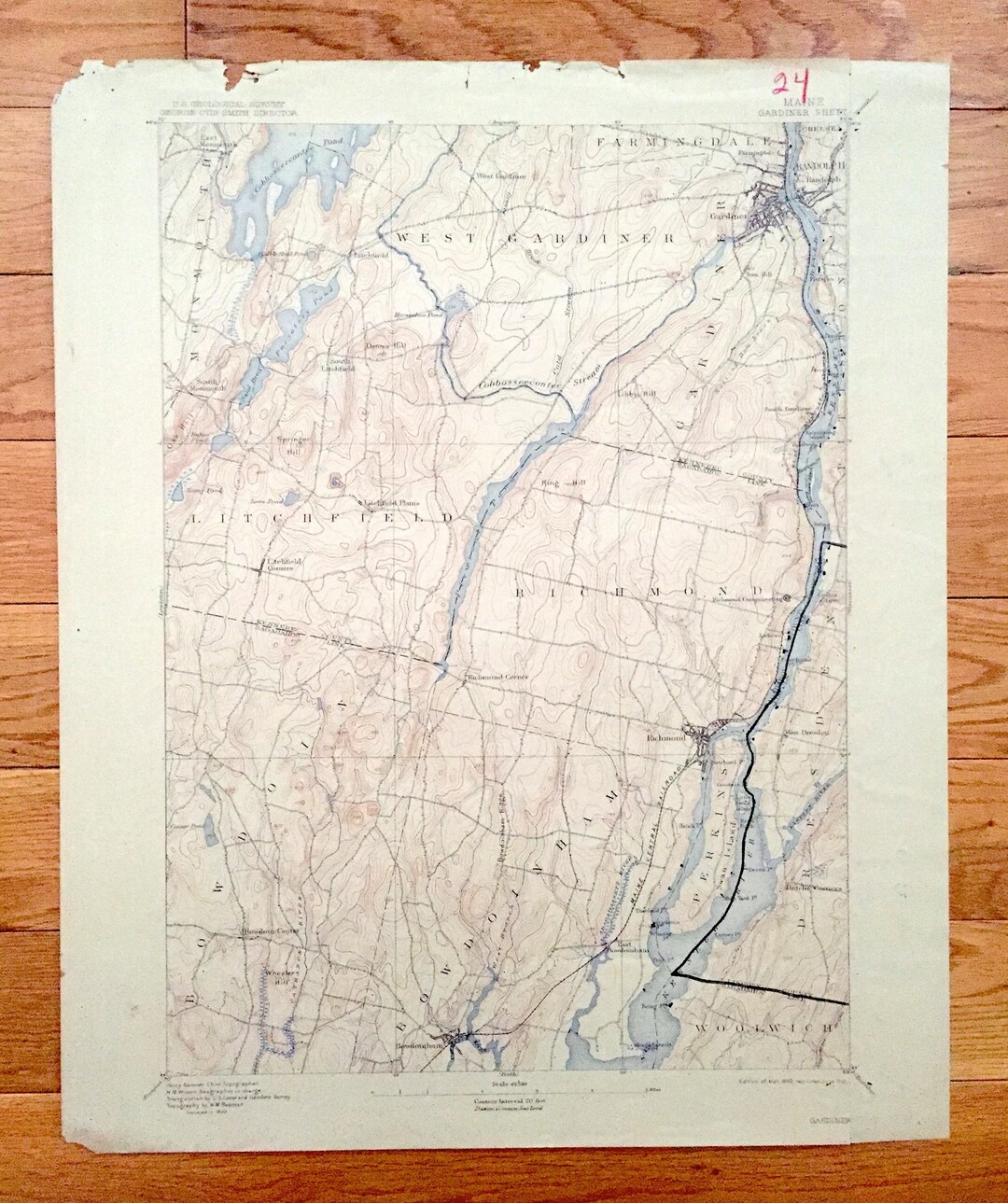 Antique Bowdoin & Gardiner, Maine 1892 US Geological Survey Topographic ...