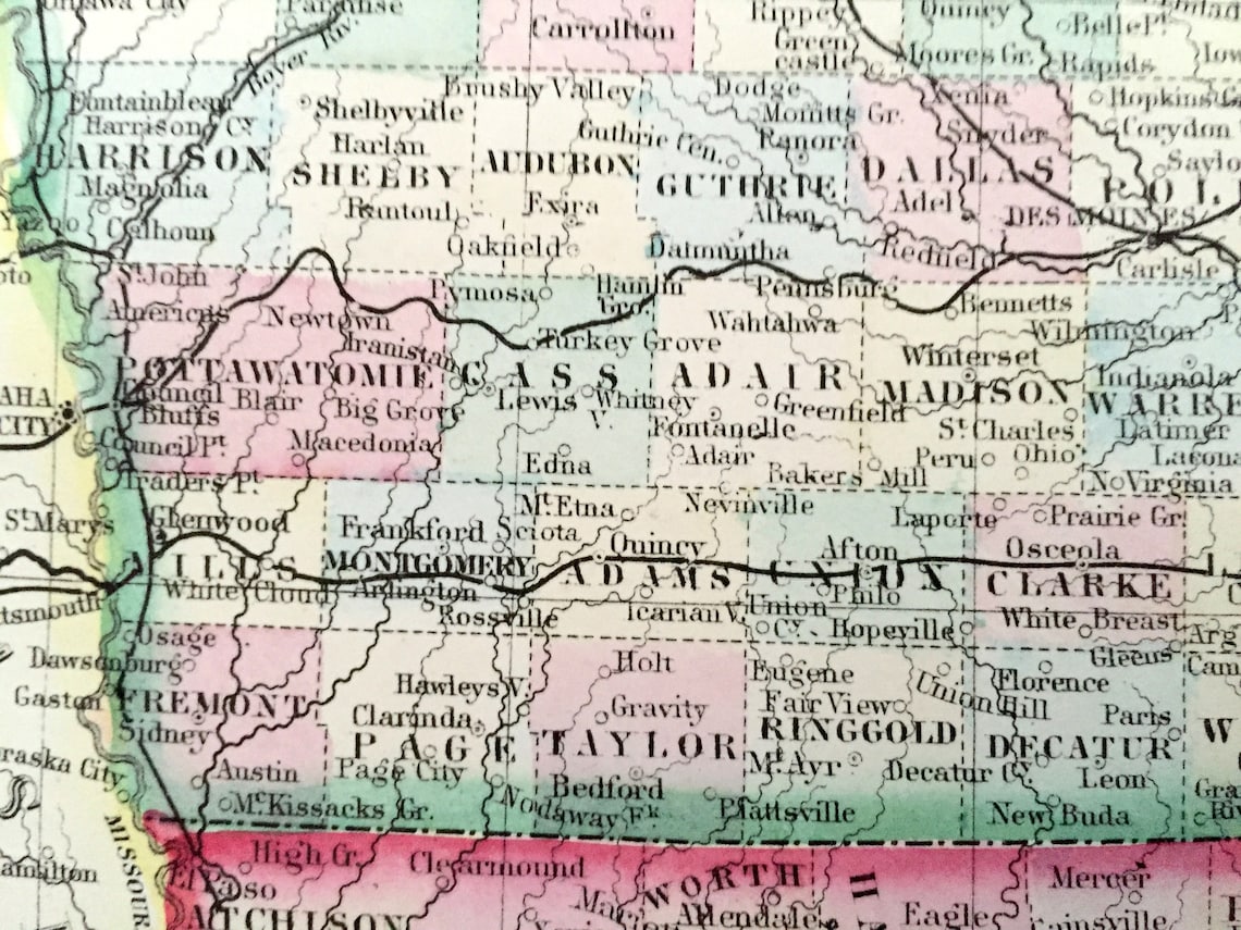 Antique 1871 Iowa & Missouri State Map by S.A. Mitchell | Etsy
