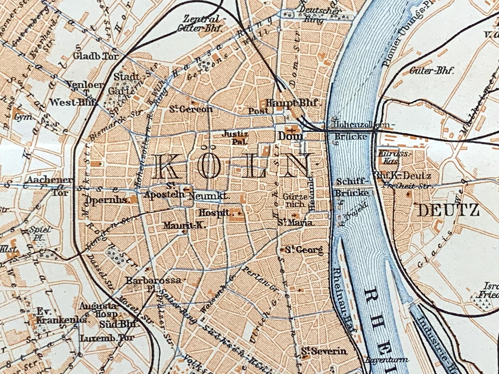 Antique 1911 Cologne (köln), Germany Map From Baedekers Guide Atlas ...