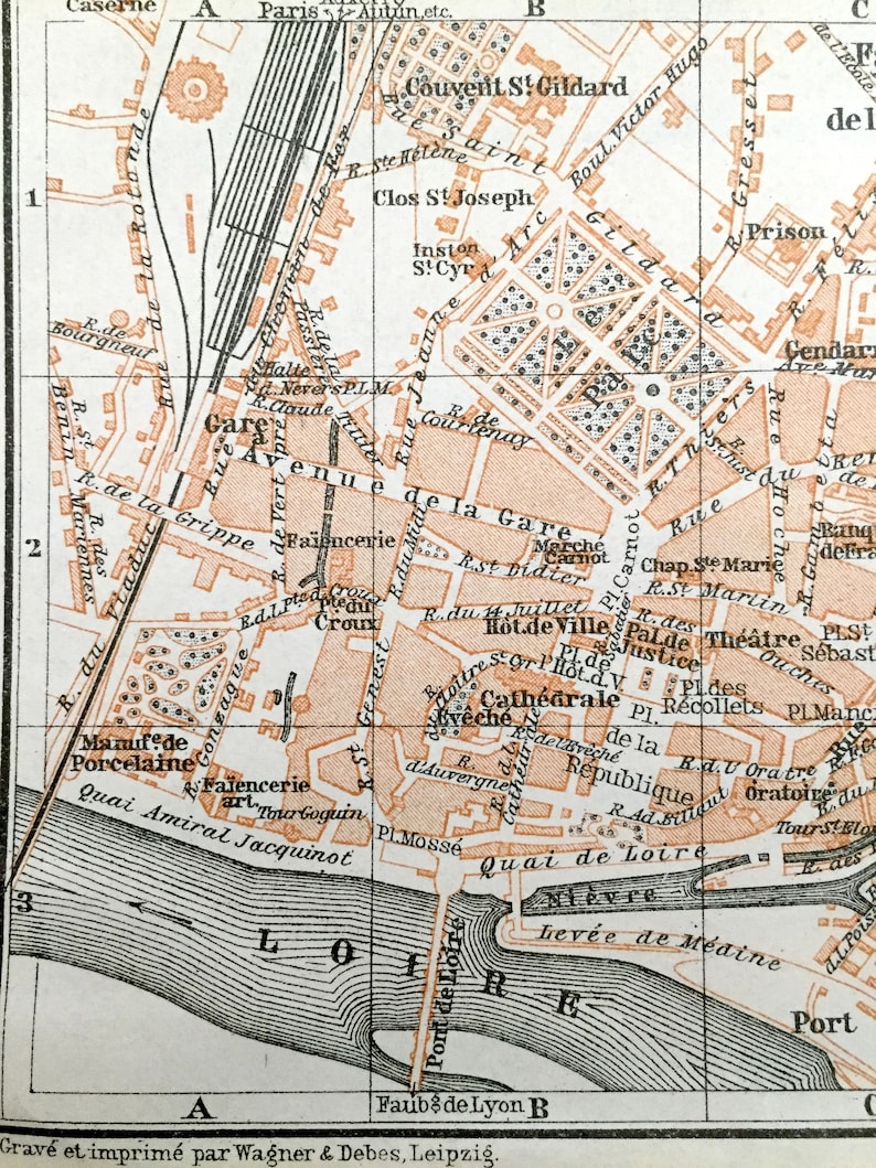Antique 1909 Nevers France Map From Baedekers Guide Atlas | Etsy
