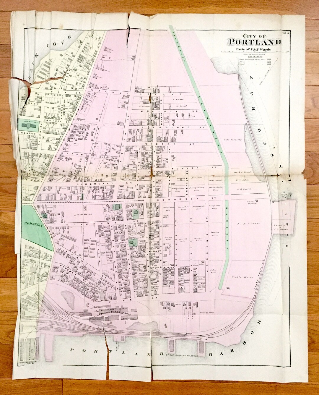 Antique 1871 Portland, Maine Map From F.W. Beers Atlas of Cumberland ...