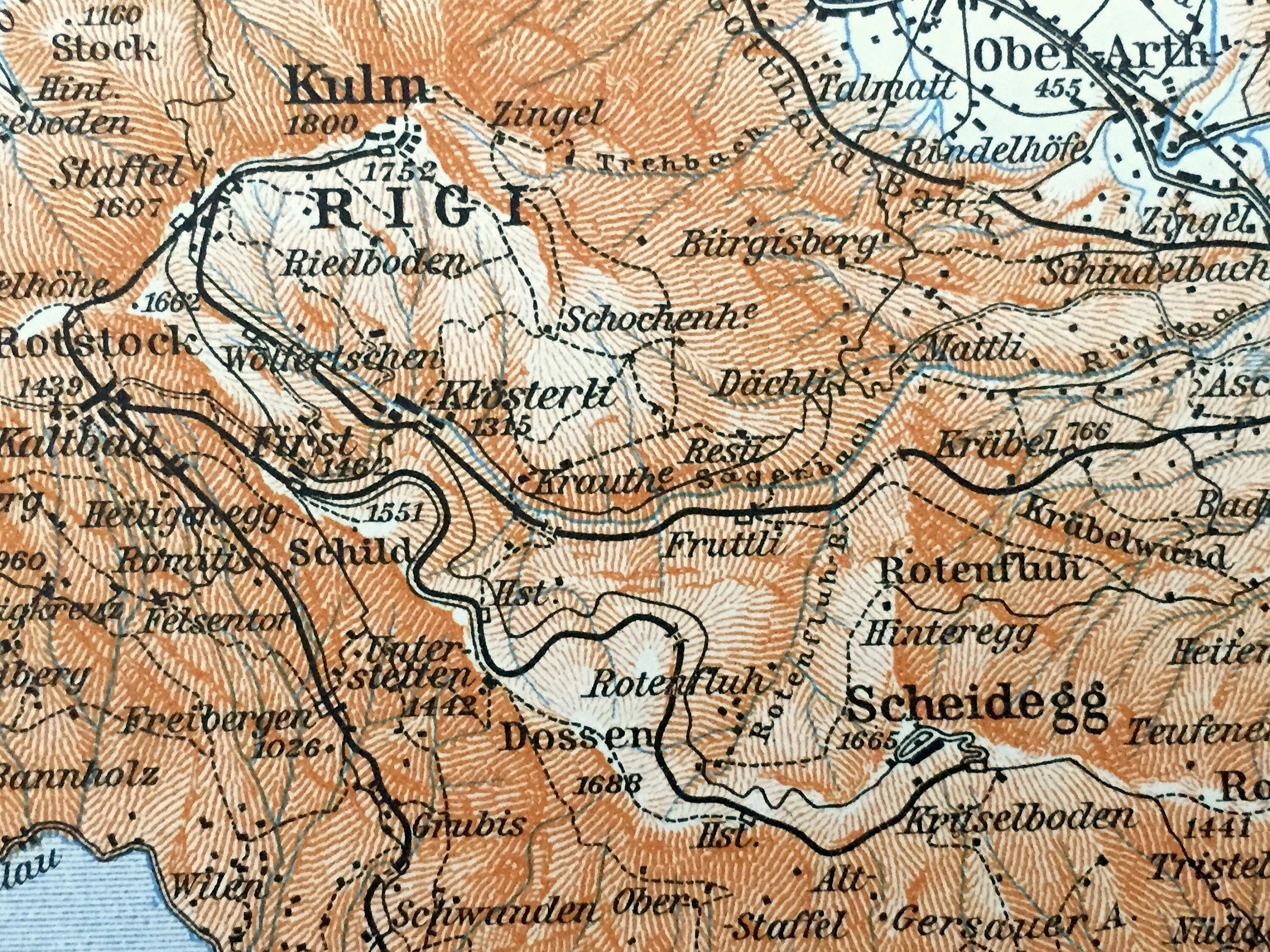 Antique 1913 Mount Rigi, Switzerland Map from Baedekers Guide Atlas ...
