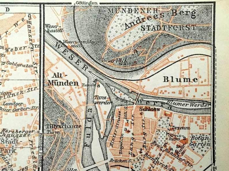Antique 1925 Gottingen and Munden, Germany Map From Baedekers Guide ...