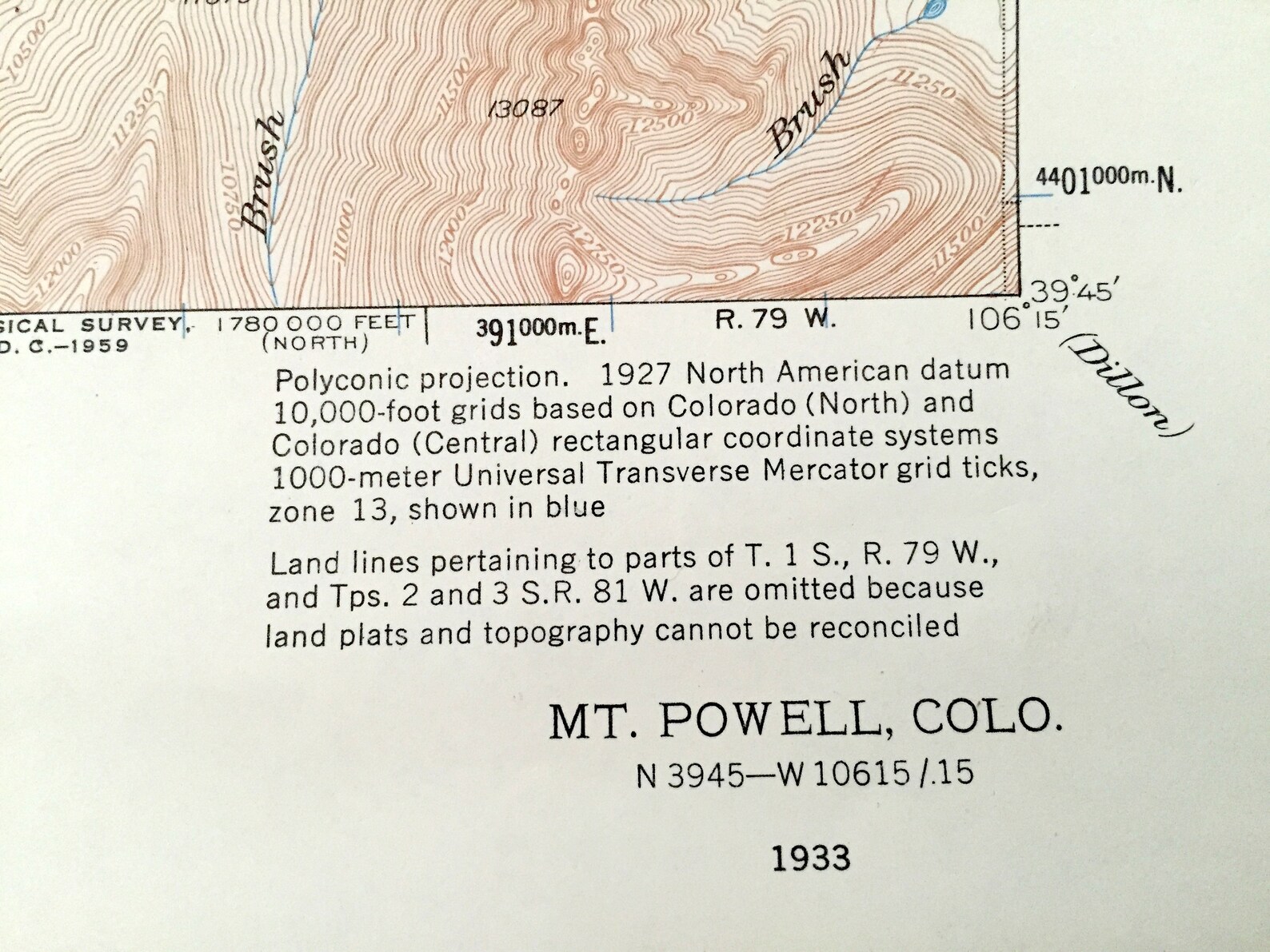 Antique Mt. Powell, Colorado 1933 US Geological Survey Topographic Map ...