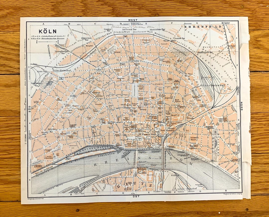 Antique 1911 Cologne (köln), Germany Map From Baedekers Guide Atlas ...