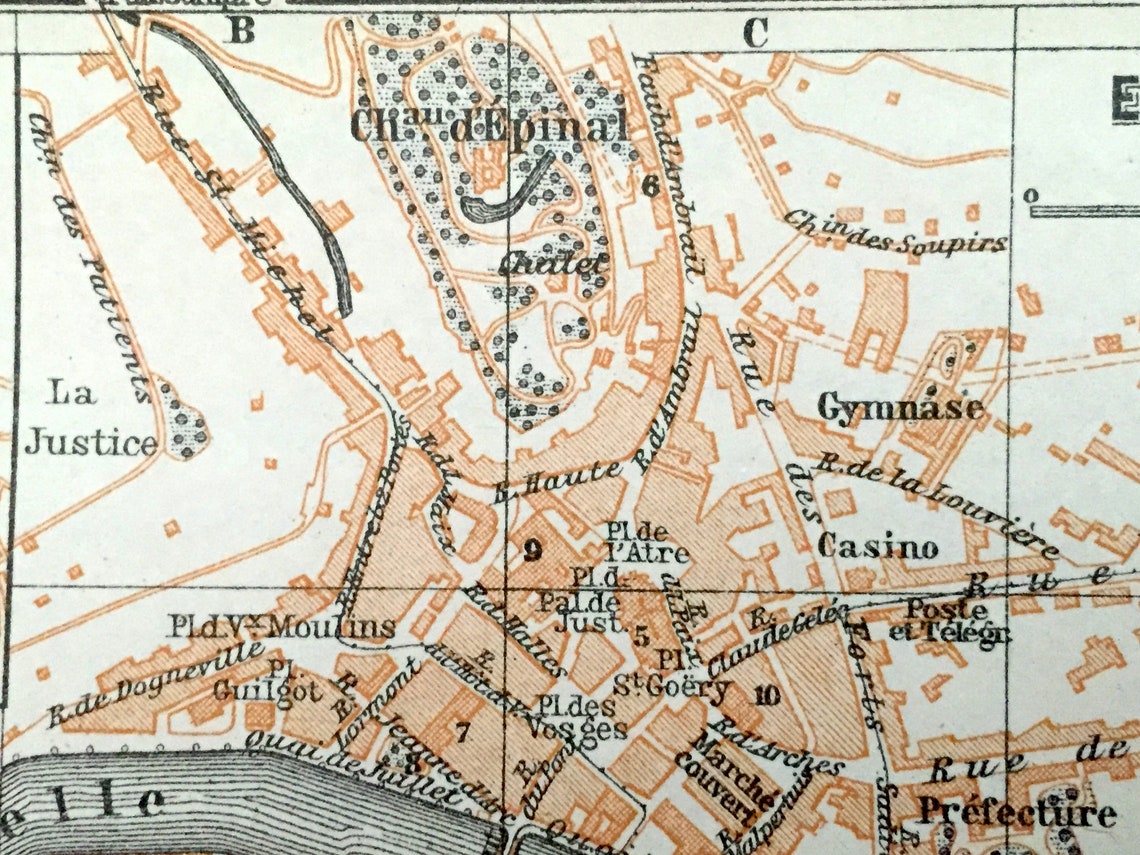 Antique 1909 Epinal France Map from Baedekers Guide Atlas | Etsy