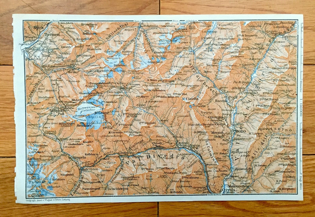 Antique 1913 Crodo, Italy & Switzerland Map From Baedekers Guide Atlas ...