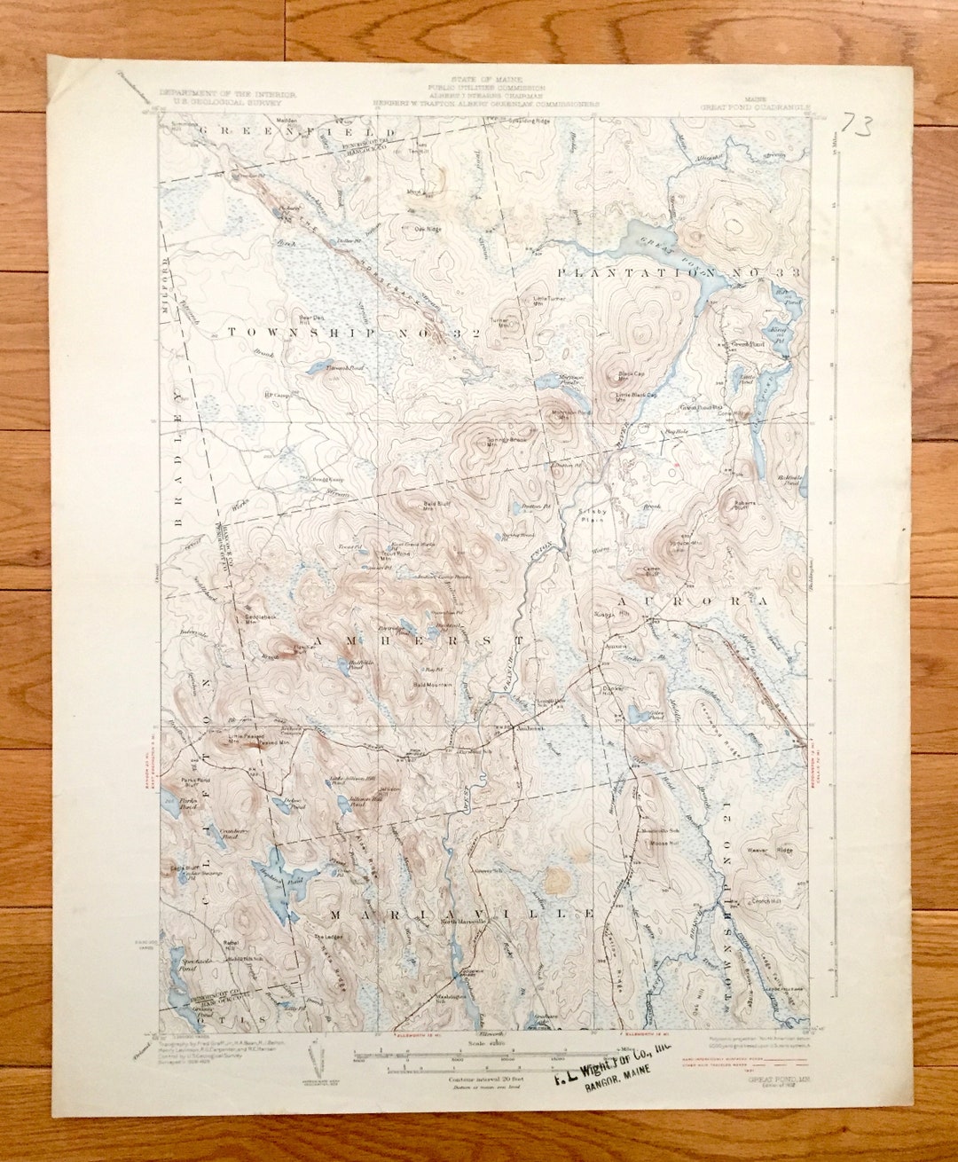 Antique Great Pond, Maine 1932 US Geological Survey Topographic Map ...