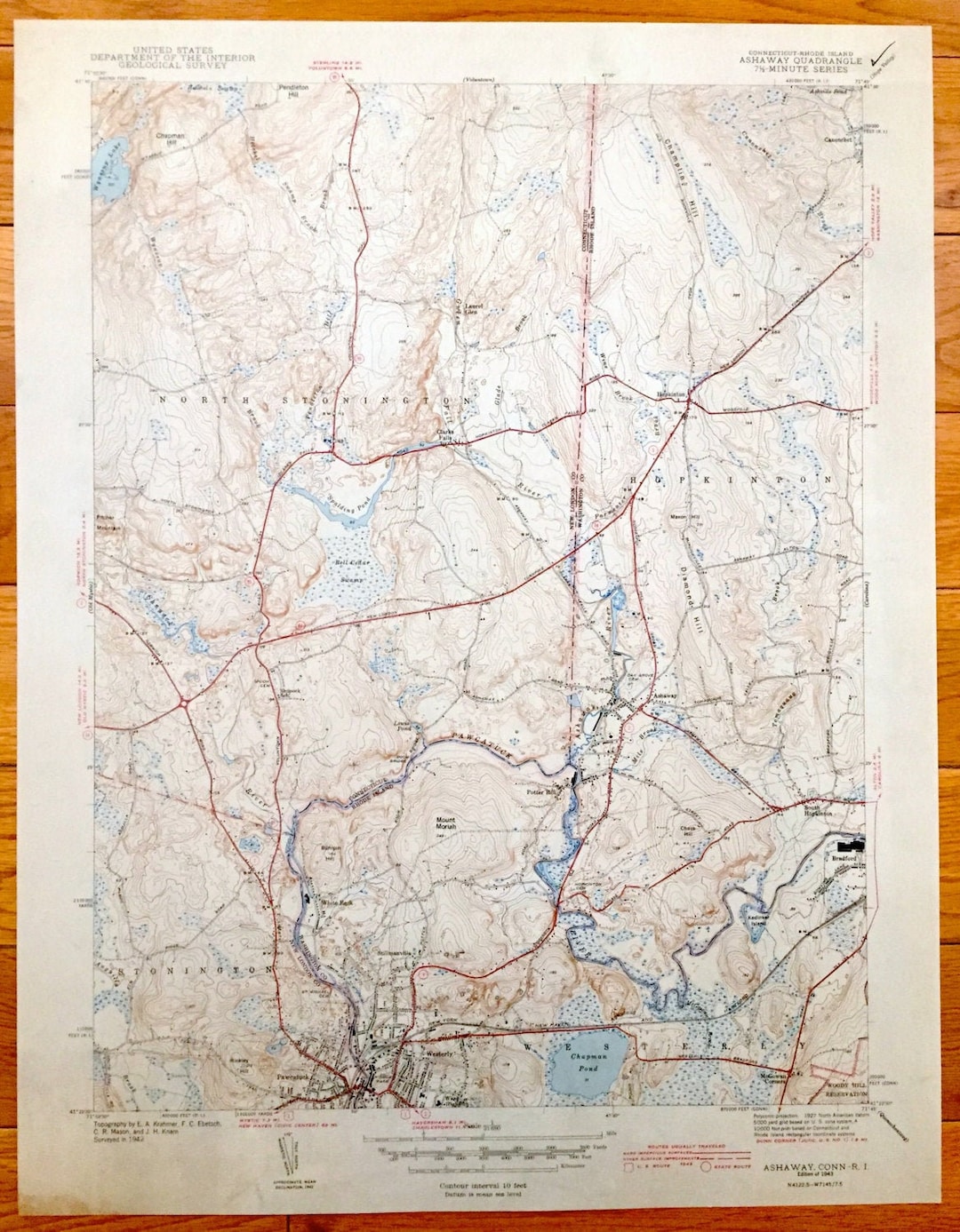 Antique Ashaway, Connecticut 1943 US Geological Survey Topographic Map ...