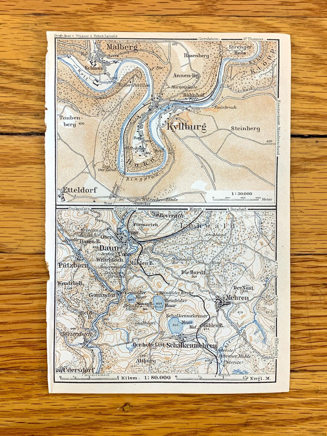 Antique 1911 Kyllburg and Daun, Germany Map From Baedekers Guide Atlas ...