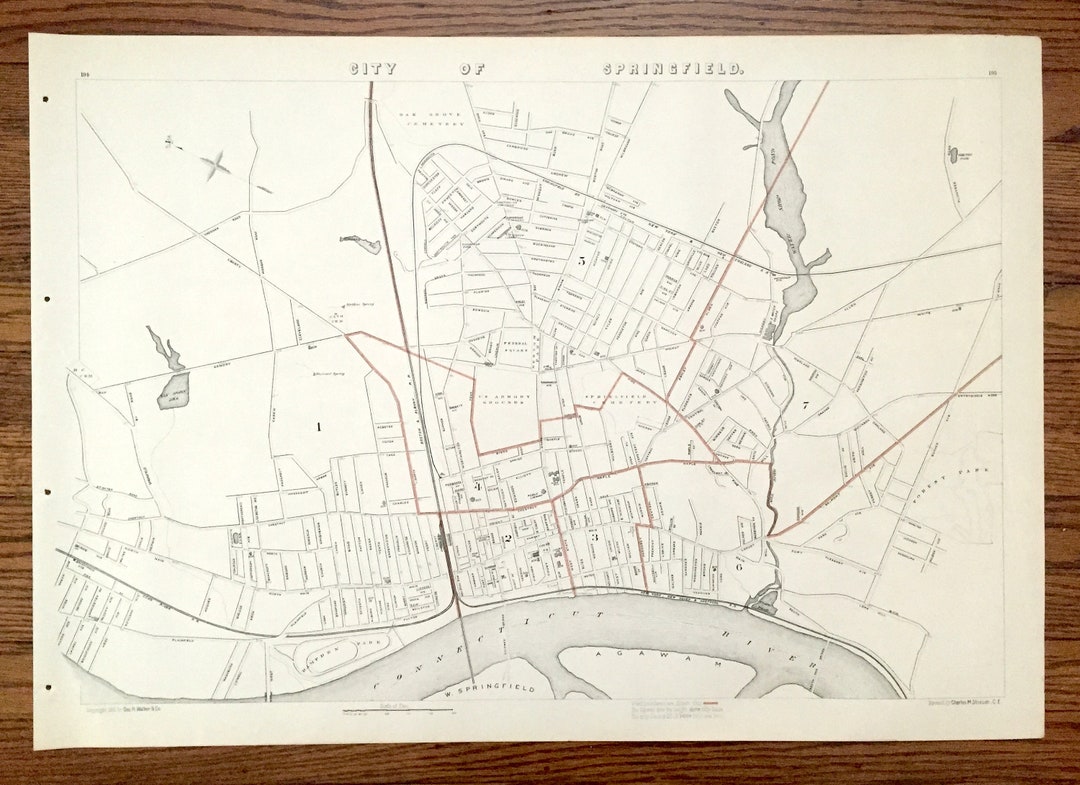 Antique 1891 Springfield, Massachusetts Street Map From George H Walker ...