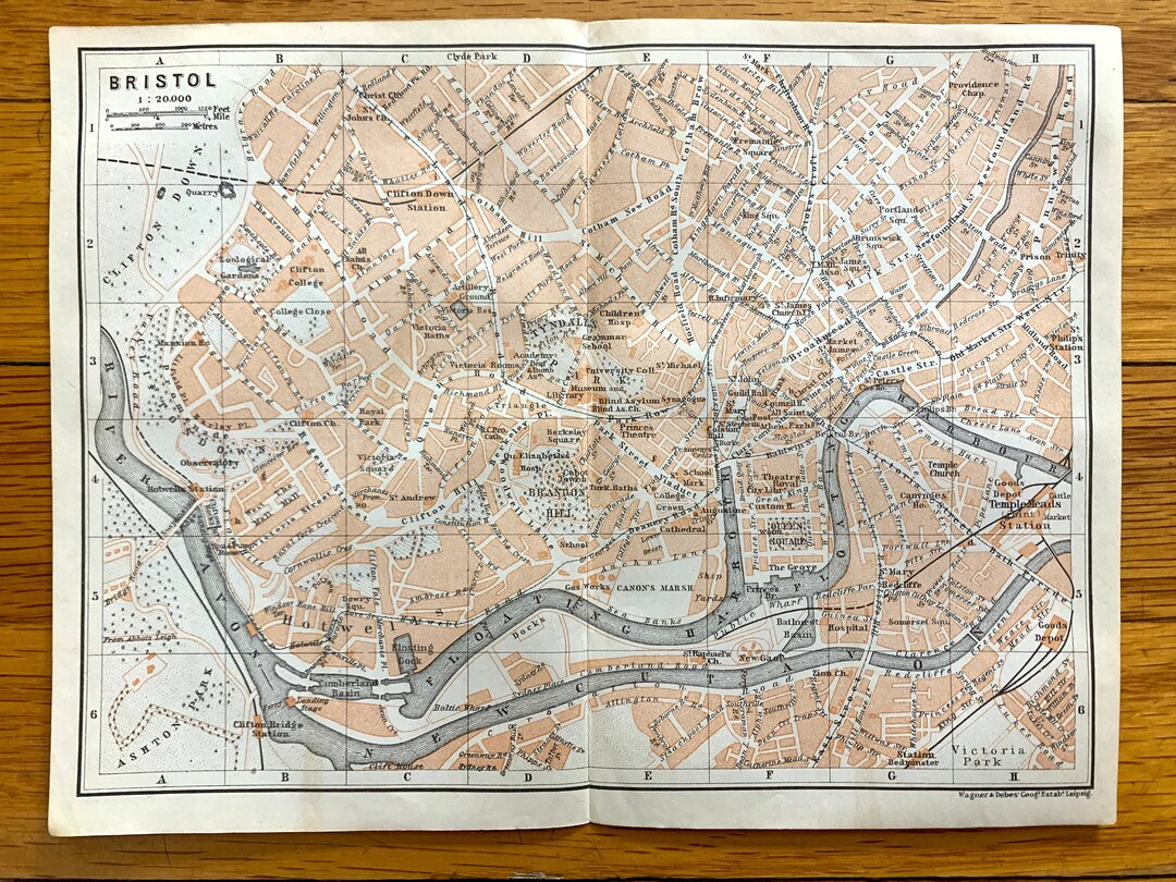 Antique 1906 Bristol, England Map From Baedekers Atlas of Great Britain ...