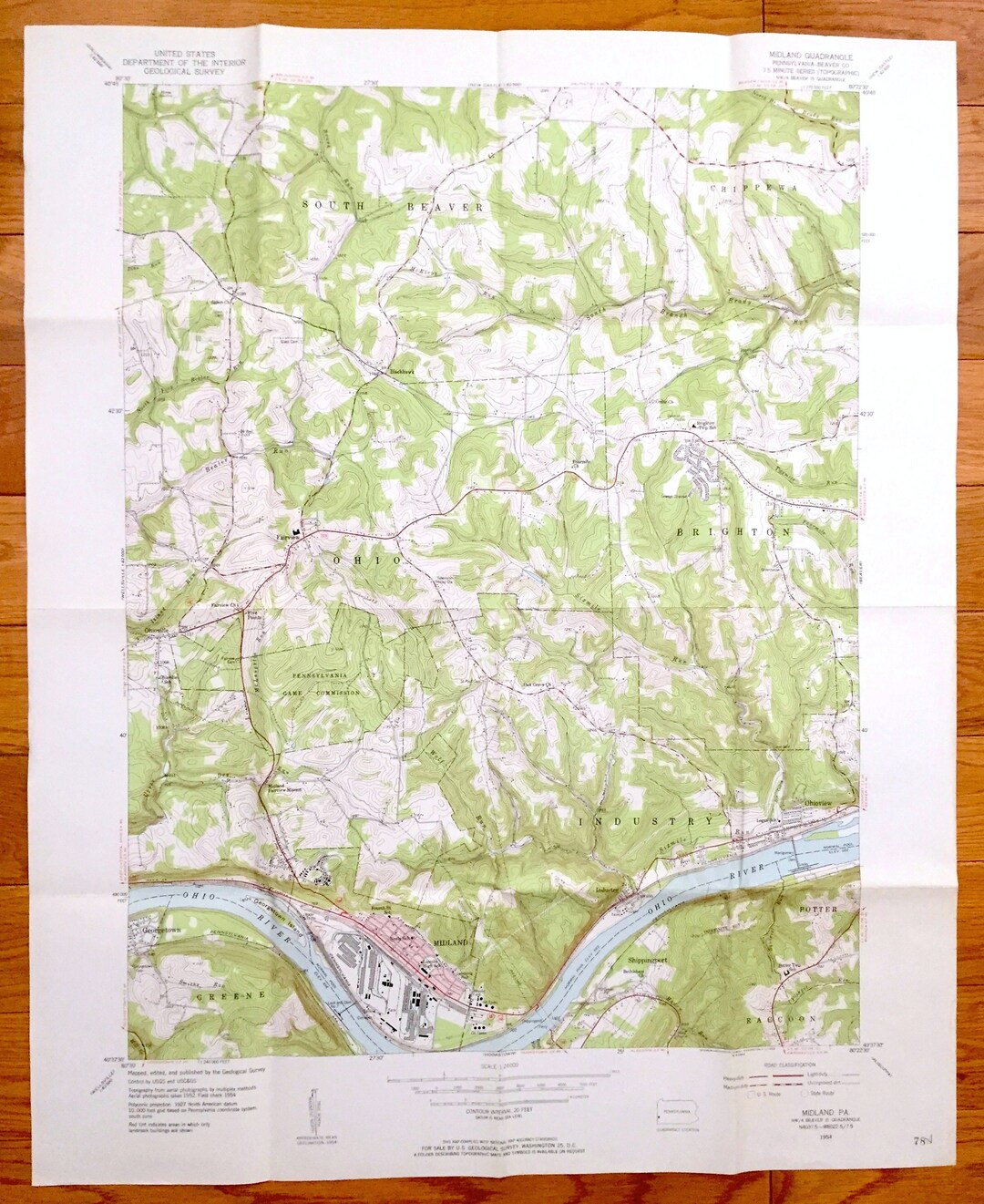 Antique Midland, Pennsylvania 1954 US Geological Survey Topographic Map ...