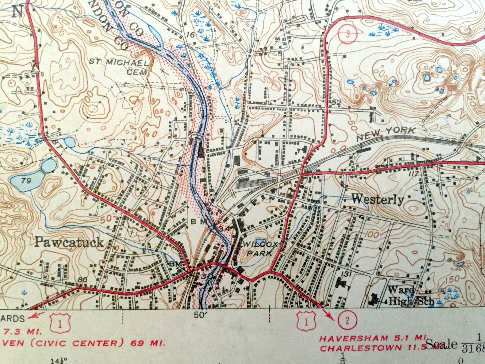 Antique Ashaway, Connecticut 1943 US Geological Survey Topographic Map ...