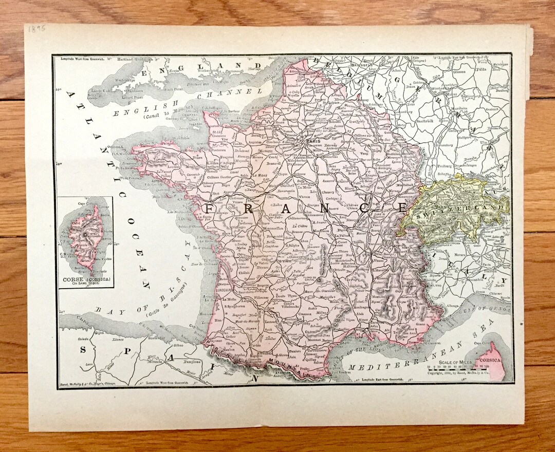 Antique 1895 France Map by Rand Mcnally – Paris, Versailles, Lyon, Nice ...