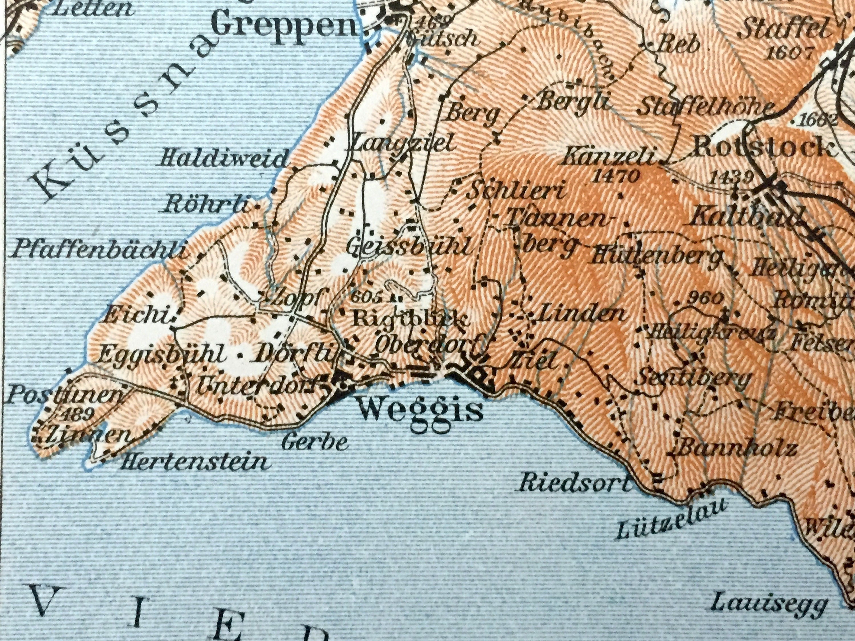 Antique 1913 Mount Rigi, Switzerland Map from Baedekers Guide Atlas ...