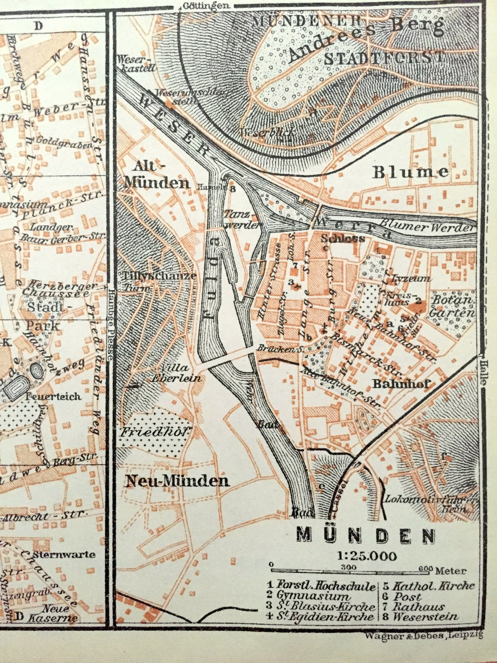 Antique 1925 Gottingen and Munden, Germany Map From Baedekers Guide ...