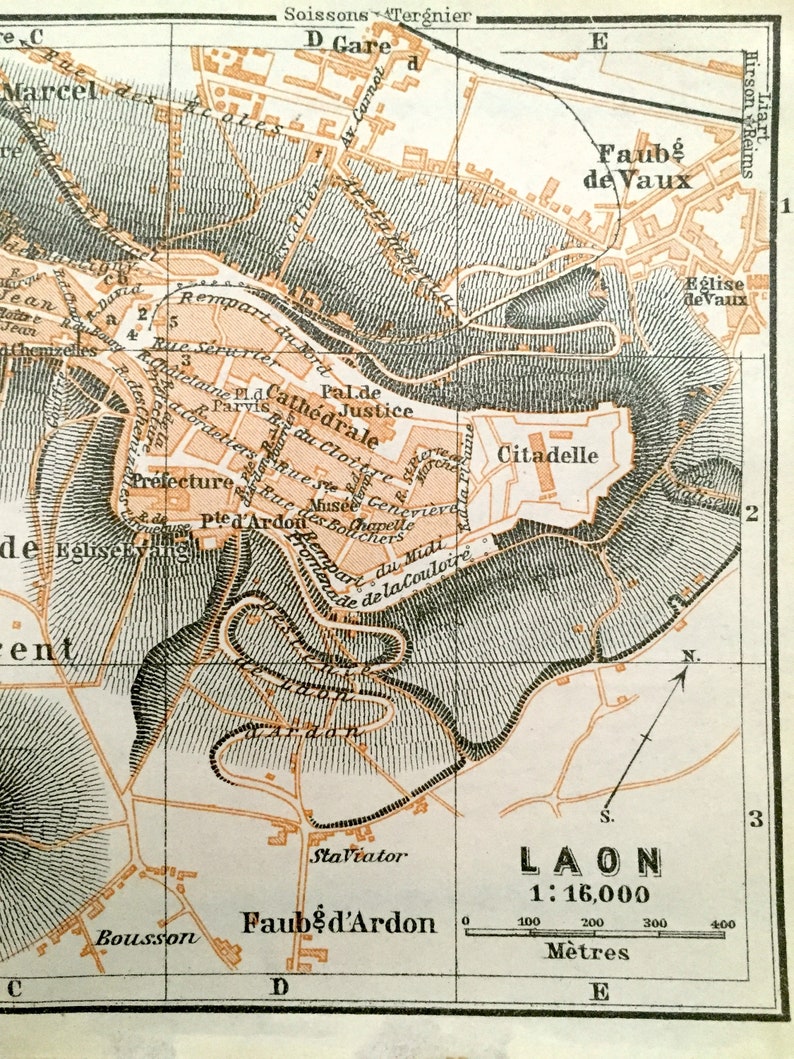 Antique 1909 Laon France Map From Baedekers Guide Atlas | Etsy