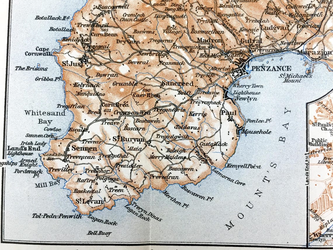 Antique 1927 Penzance & Lizard Point, England Map From Baedekers Atlas ...