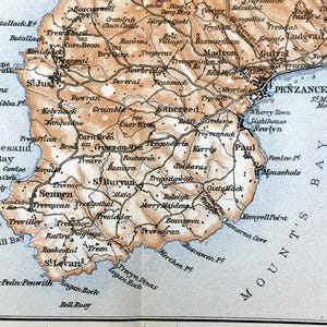 Antique 1927 Penzance & Lizard Point, England Map From Baedekers Atlas ...