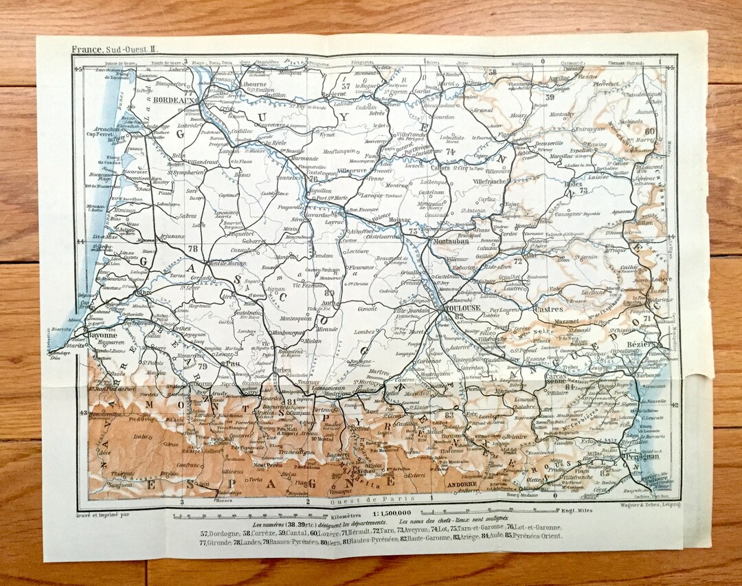 Antique 1914 Southwest France Map From Baedekers Guide Atlas Bayonne ...