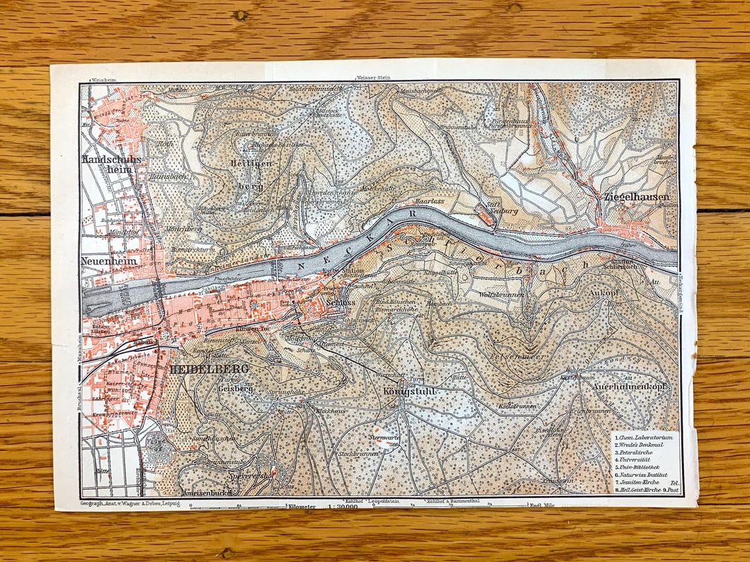 Antique 1911 Heidelberg, Germany Map From Baedekers Guide Atlas – Baden ...
