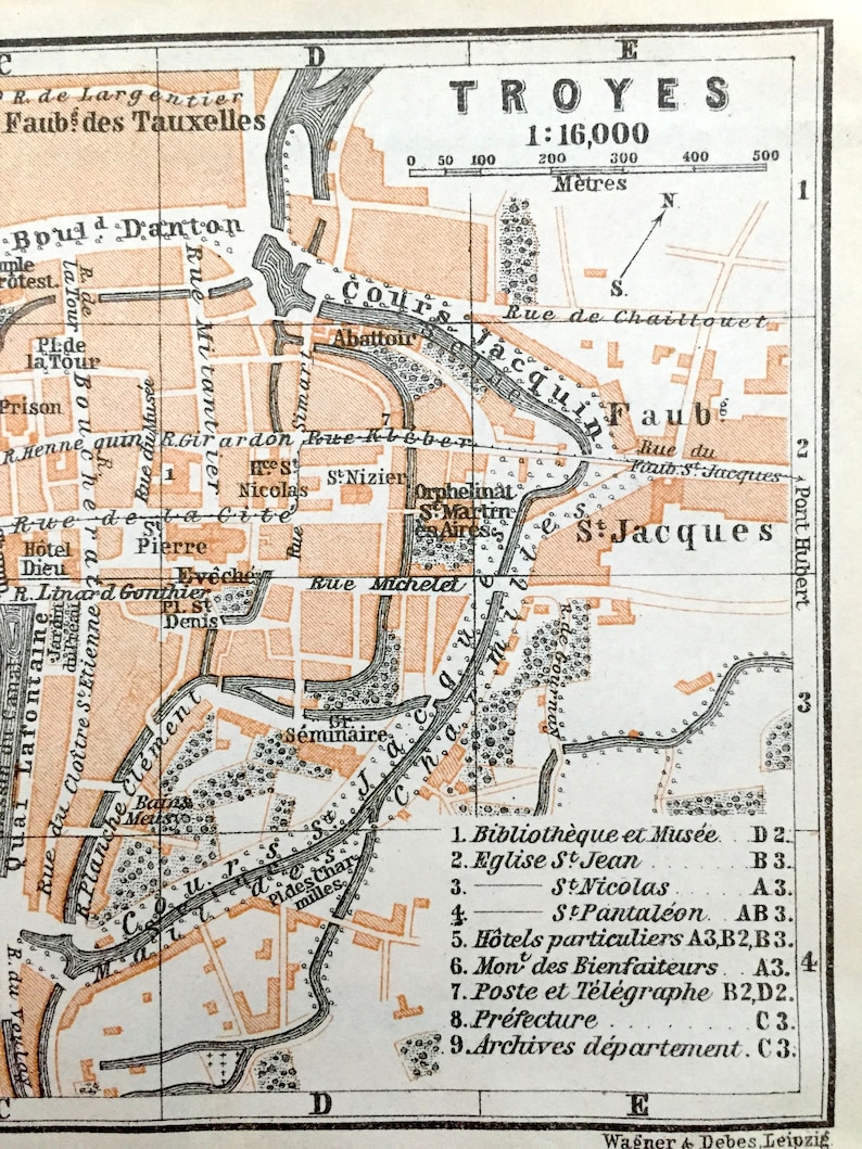 Antique 1909 Troyes France Map From Baedekers Guide Atlas - Etsy