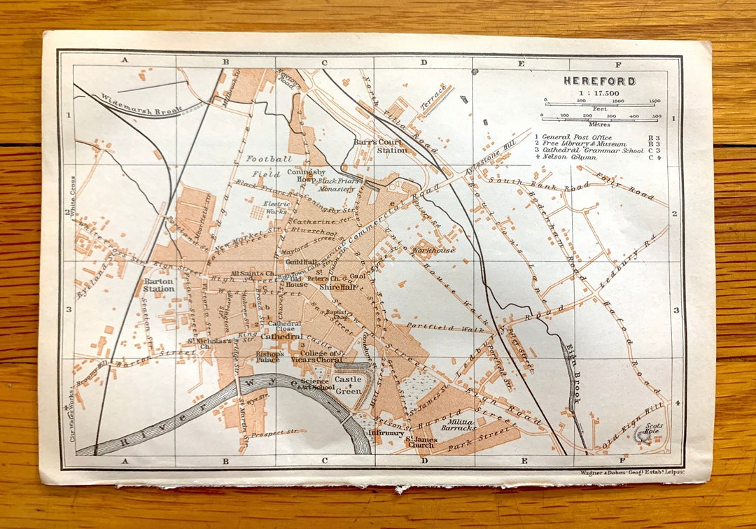 Antique 1906 Hereford, England Map From Baedekers Atlas of Great ...