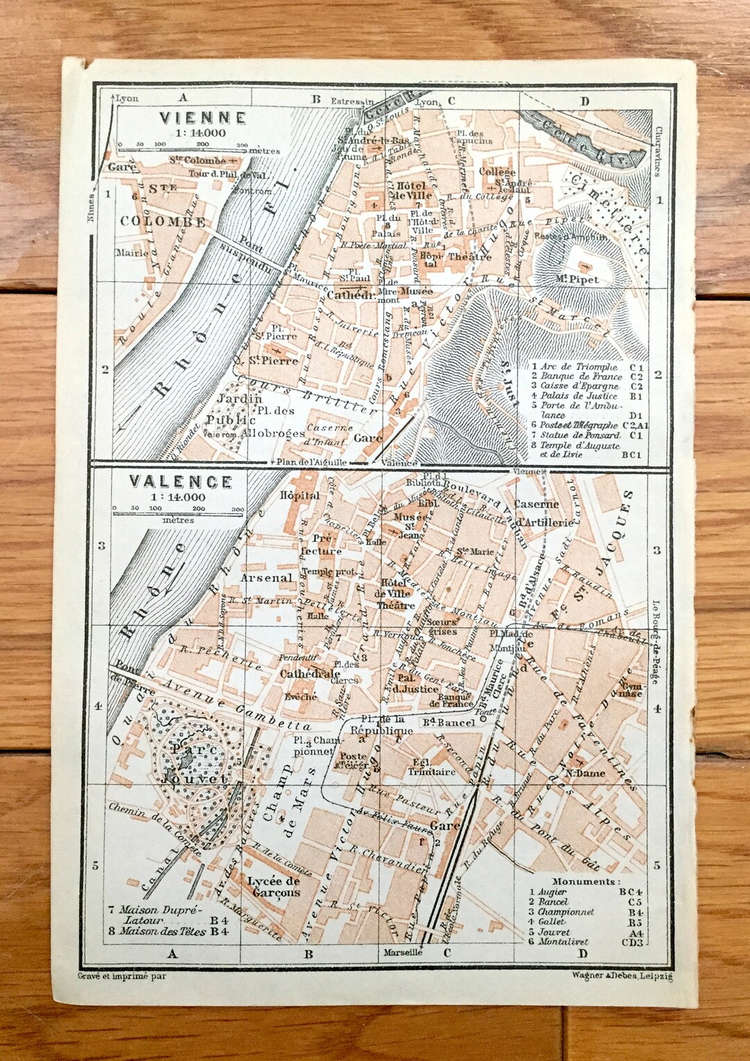 Antique 1914 Vienne and Valence, France Map From Baedekers Guide Atlas ...
