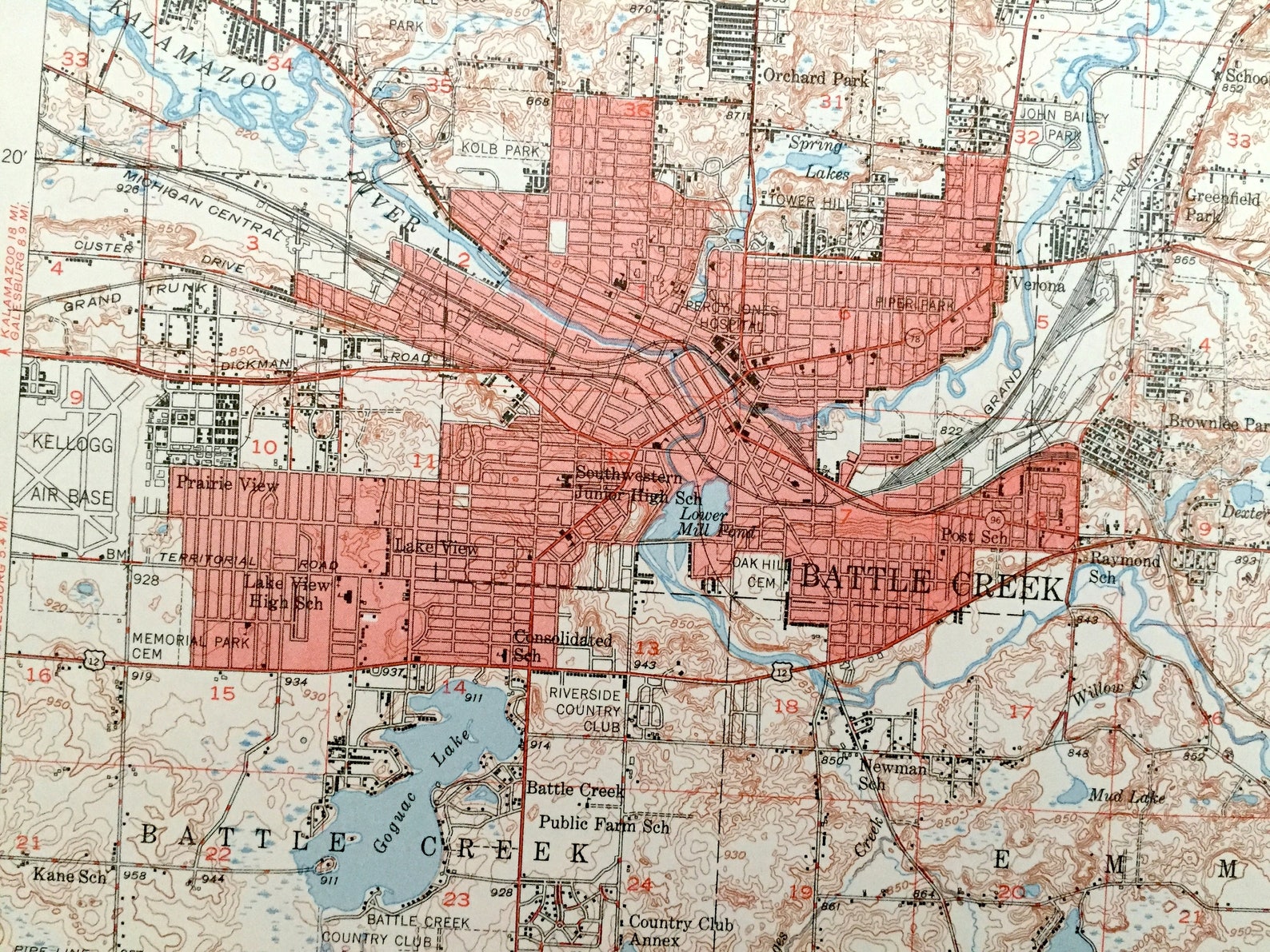 Antique Battle Creek, Michigan 1950 US Geological Survey Topografische kaart - Bellevue, Assyrië ...