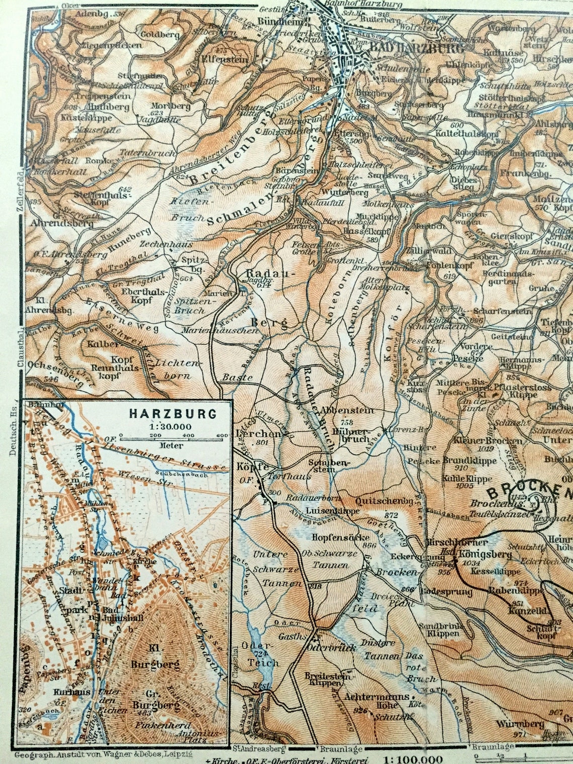 Antique 1925 Brocken, Germany Map From Baedekers Guide Atlas – Bad ...