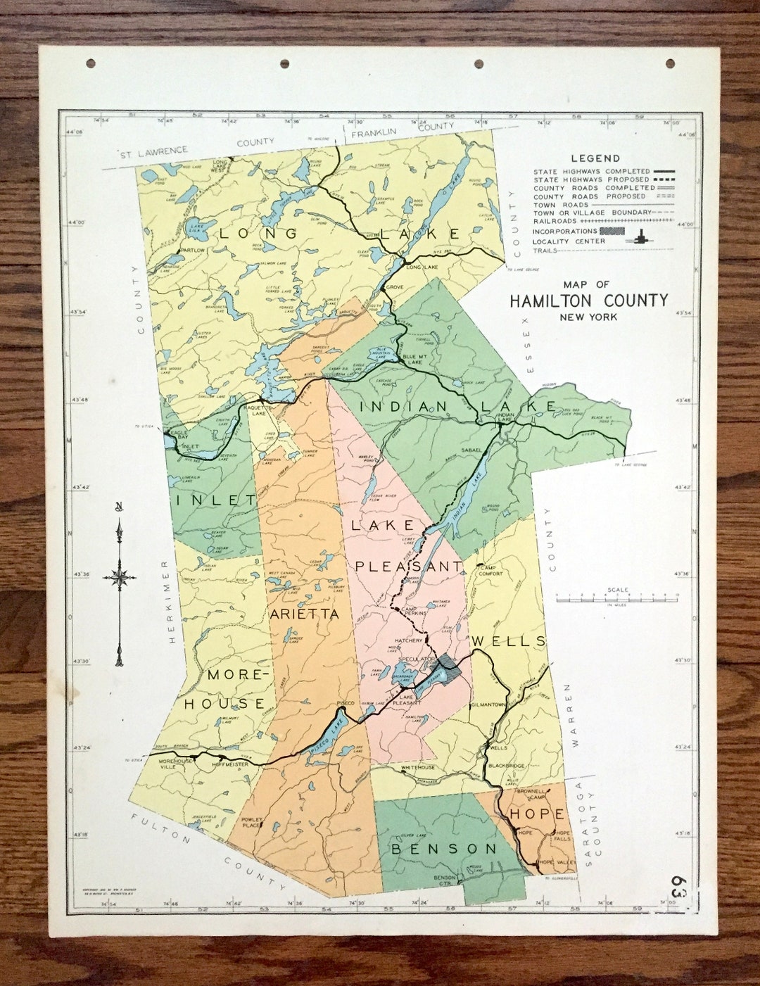 Antique Hamilton County, New York 1941 Historical Atlas Map ...