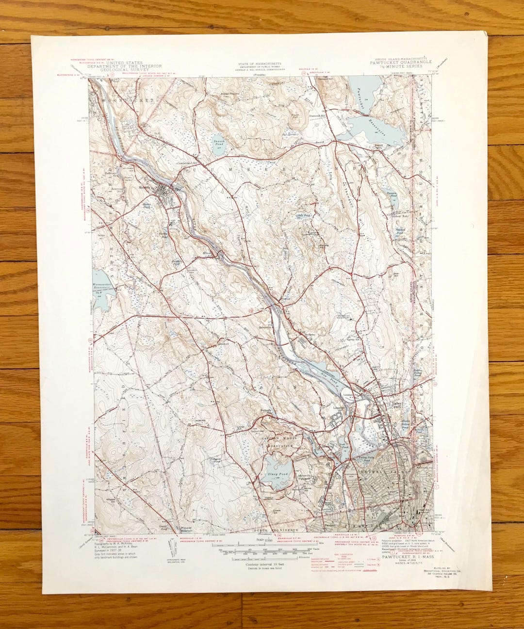Antique Pawtucket, Rhode Island 1944 US Geological Survey Topographic ...