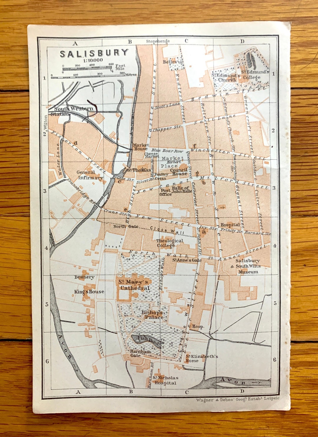 Antique 1906 Salisbury, England Map From Baedekers Atlas of Great ...
