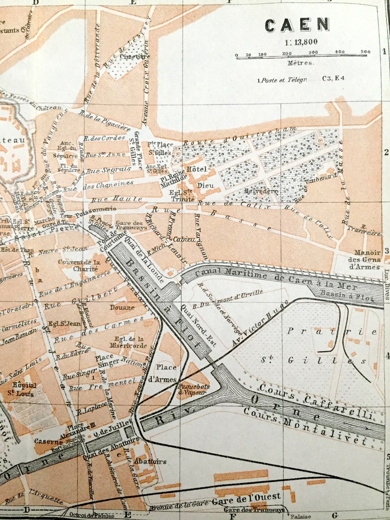Antique 1909 Caen France Map From Baedekers Guide Atlas - Etsy
