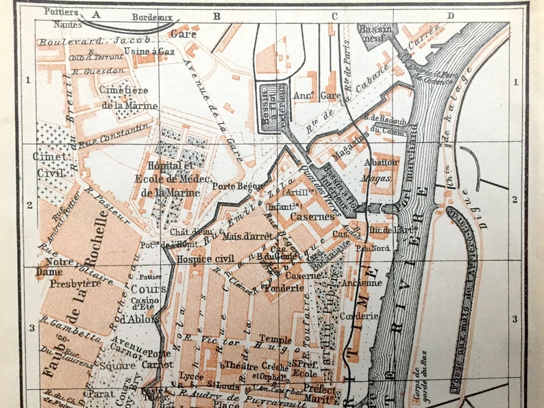 Antique 1914 Rochefort, France Map From Baedekers Guide Atlas ...