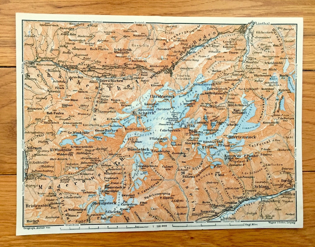 Antique 1913 Tödi Mountain, Switzerland Map From Baedekers Guide Atlas ...