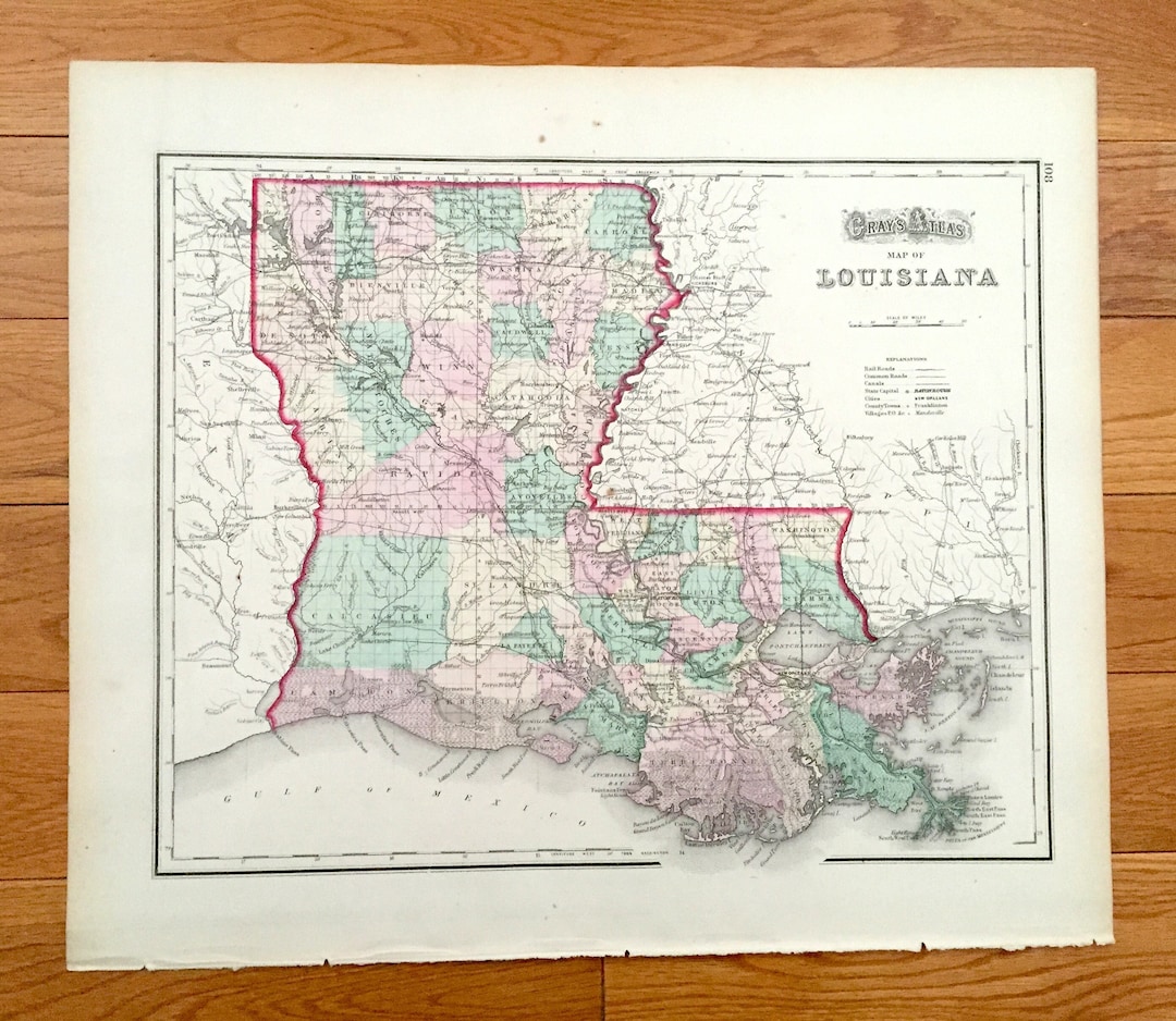 Antique 1874 Mississippi / Louisiana State Map From O.W. Gray's Atlas ...
